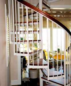 White Interior Spiral Stairs w/ Stained Poplar Treads & Rail #140 - The ...